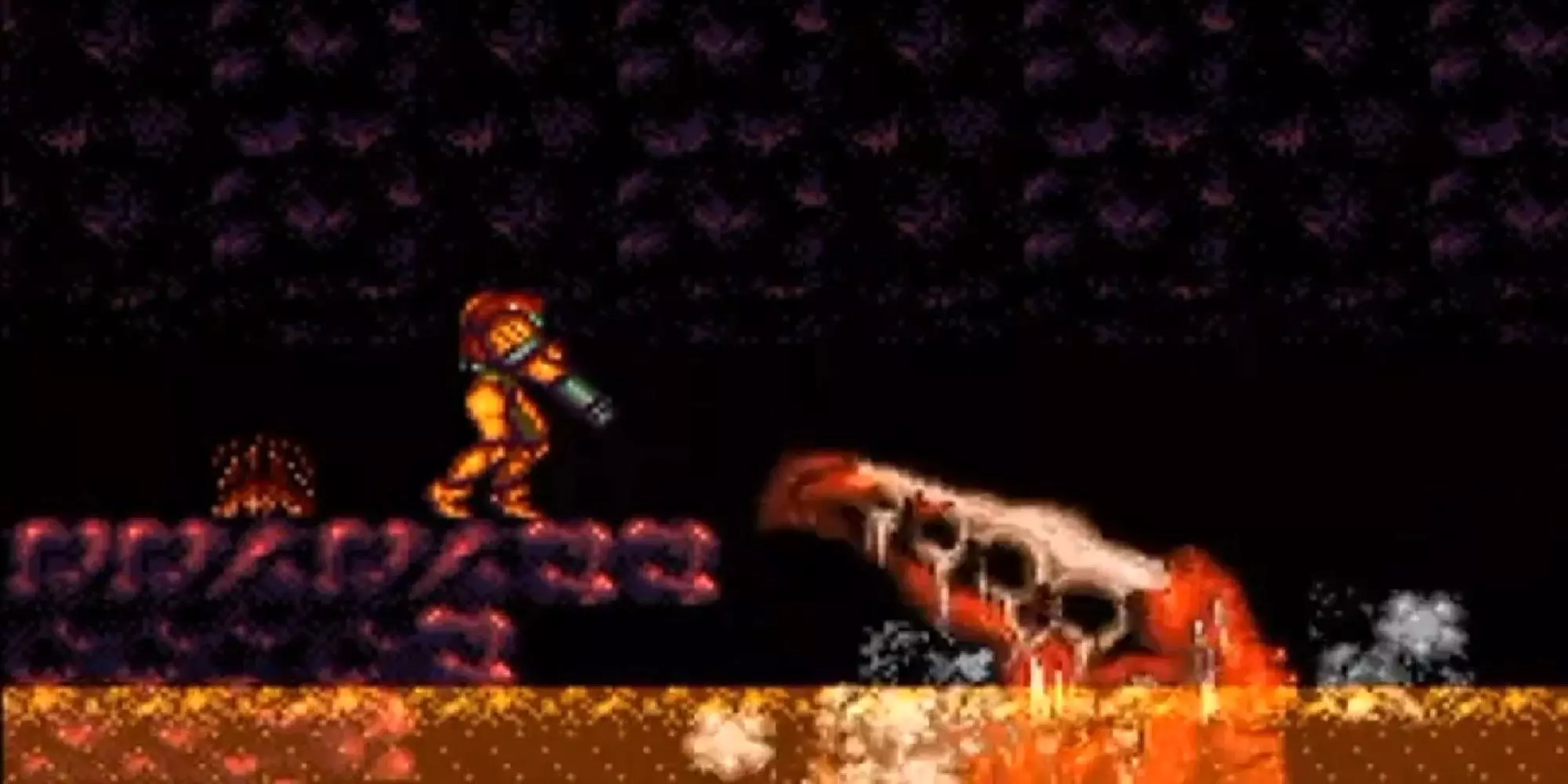 Crocomire es fon a la lava després de la lluita d'en Samus amb ell a Super Metroid