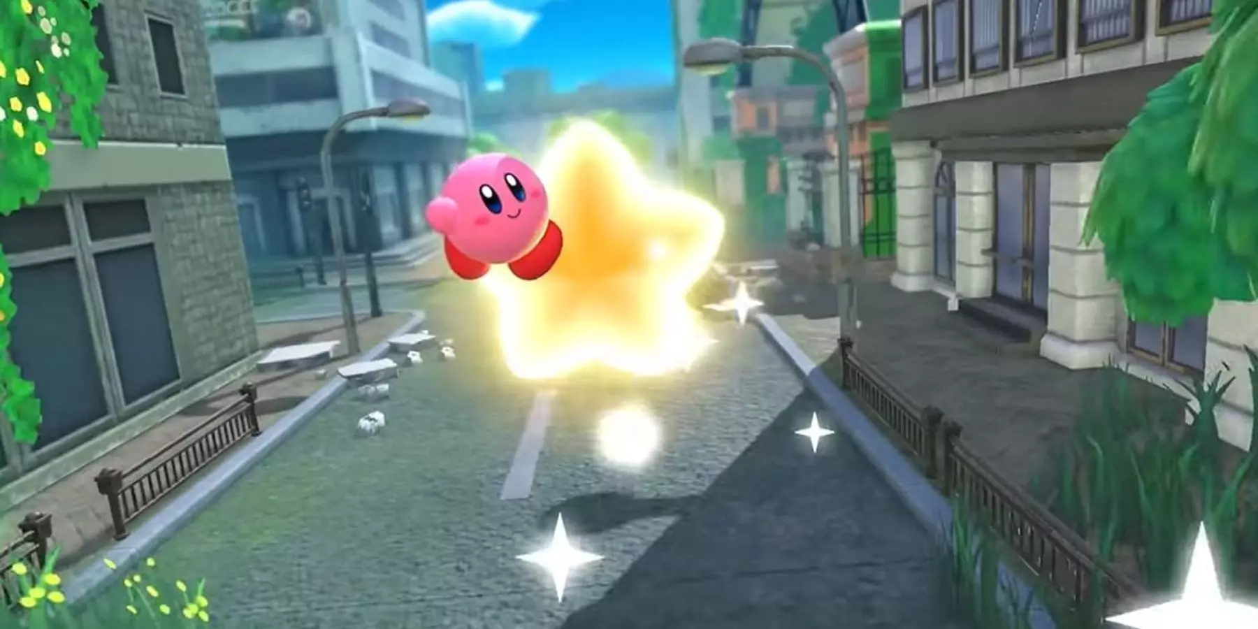 Kirby na-efega n'okporo ụzọ obodo na Warp Star na Kirby na Ala Echefuru