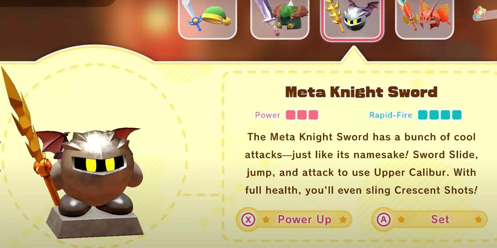 A atualização Meta Knight Sword para a habilidade de cópia Sword em Kirby and the Forgotten Land