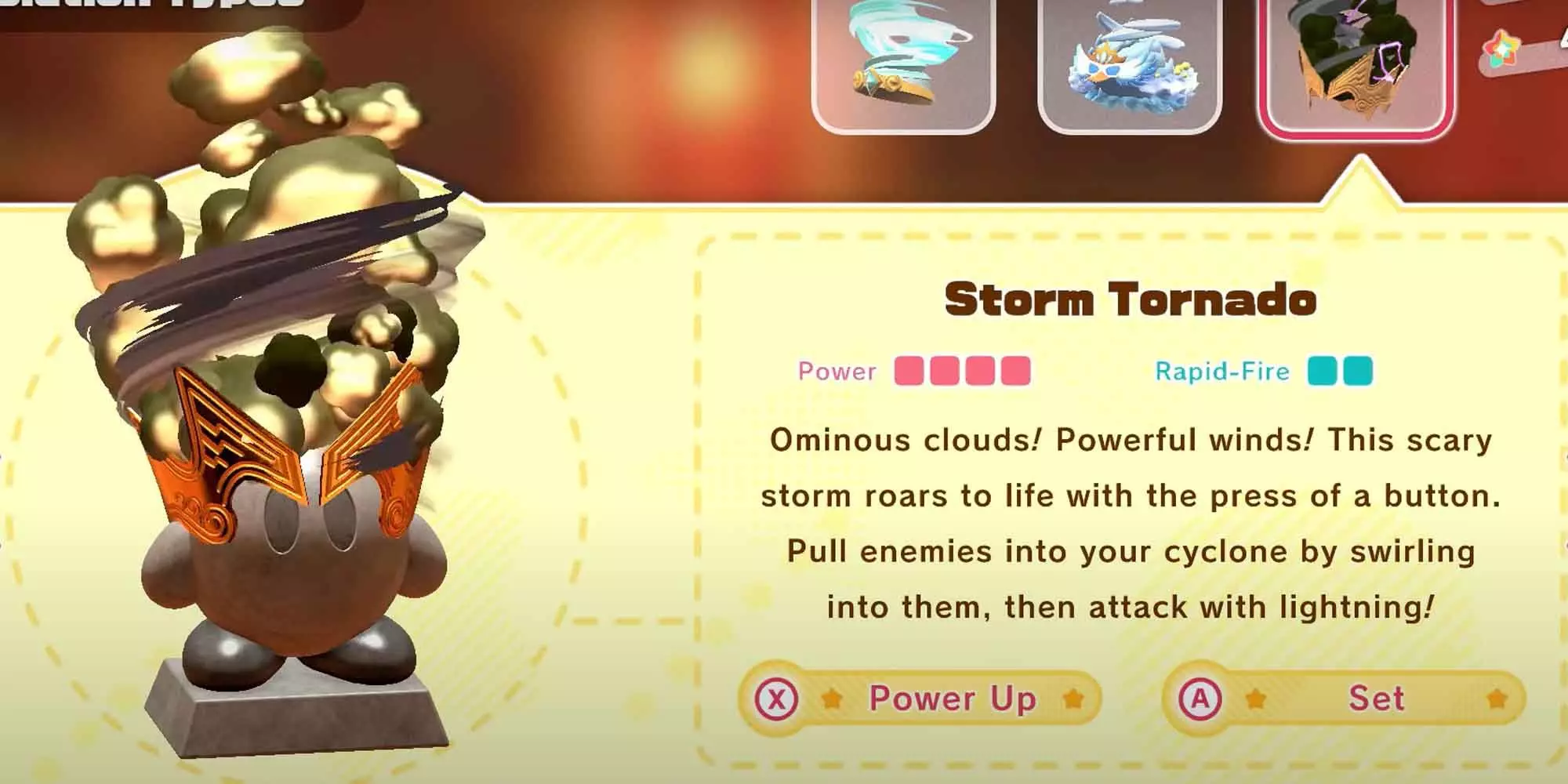 A atualização Storm Tornado para a capacidade de cópia Tornado em Kirby and the Forgotten Land