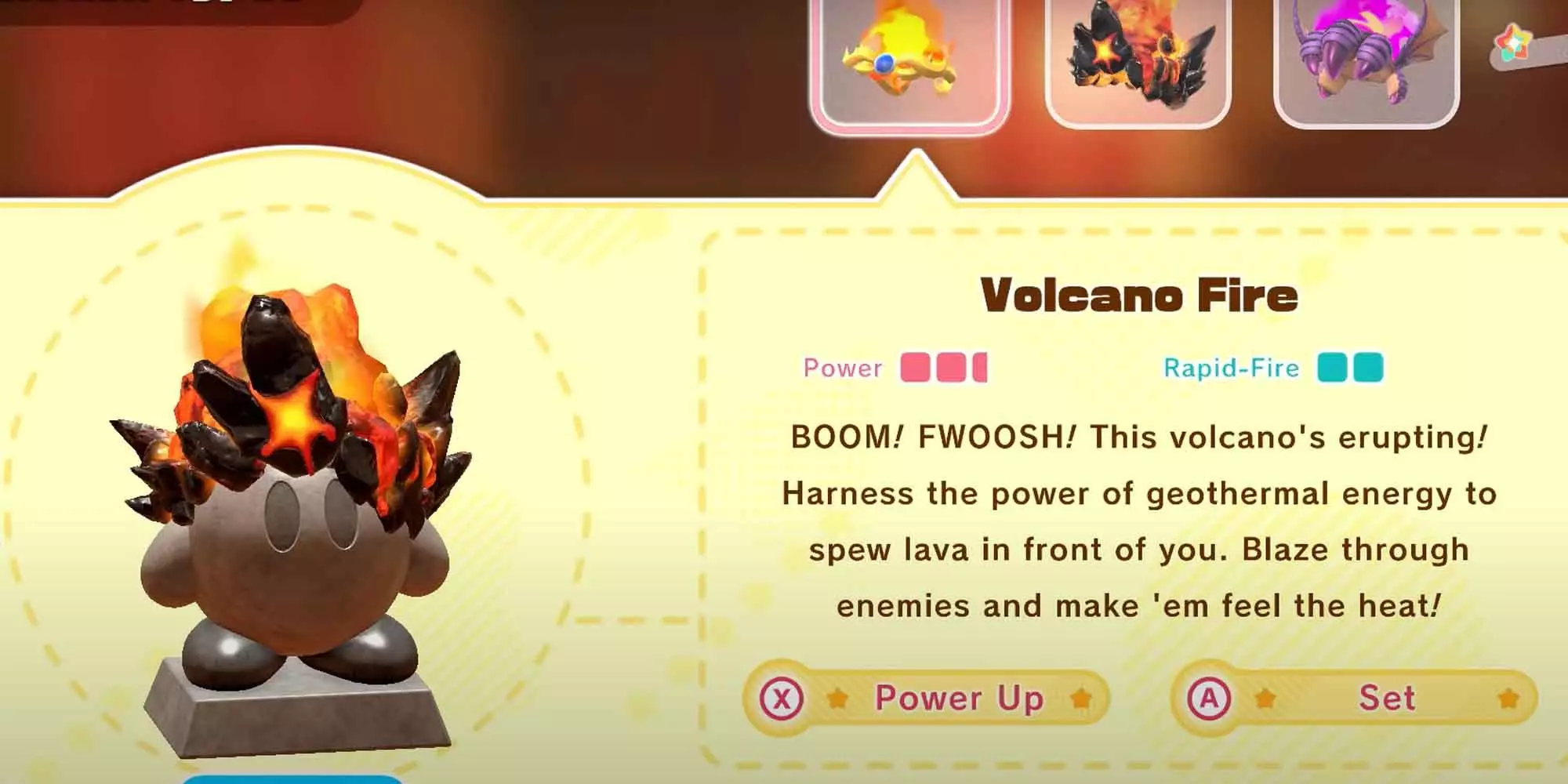 A atualização Volcano Fire para a habilidade de cópia Fire em Kirby and the Forgotten Land