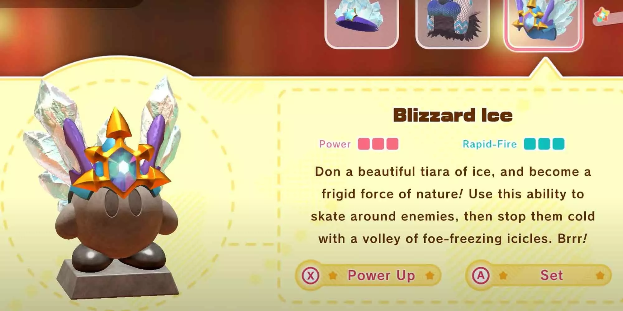 A atualização Blizzard Ice para a habilidade de cópia de gelo em Kirby and the Forgotten Land