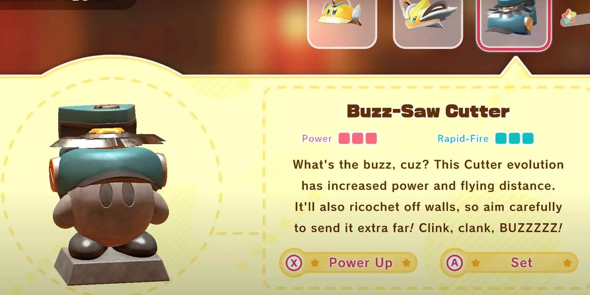 A atualização do Buzz-Saw Cutter para a capacidade de cópia do Cutter em Kirby and the Forgotten Land