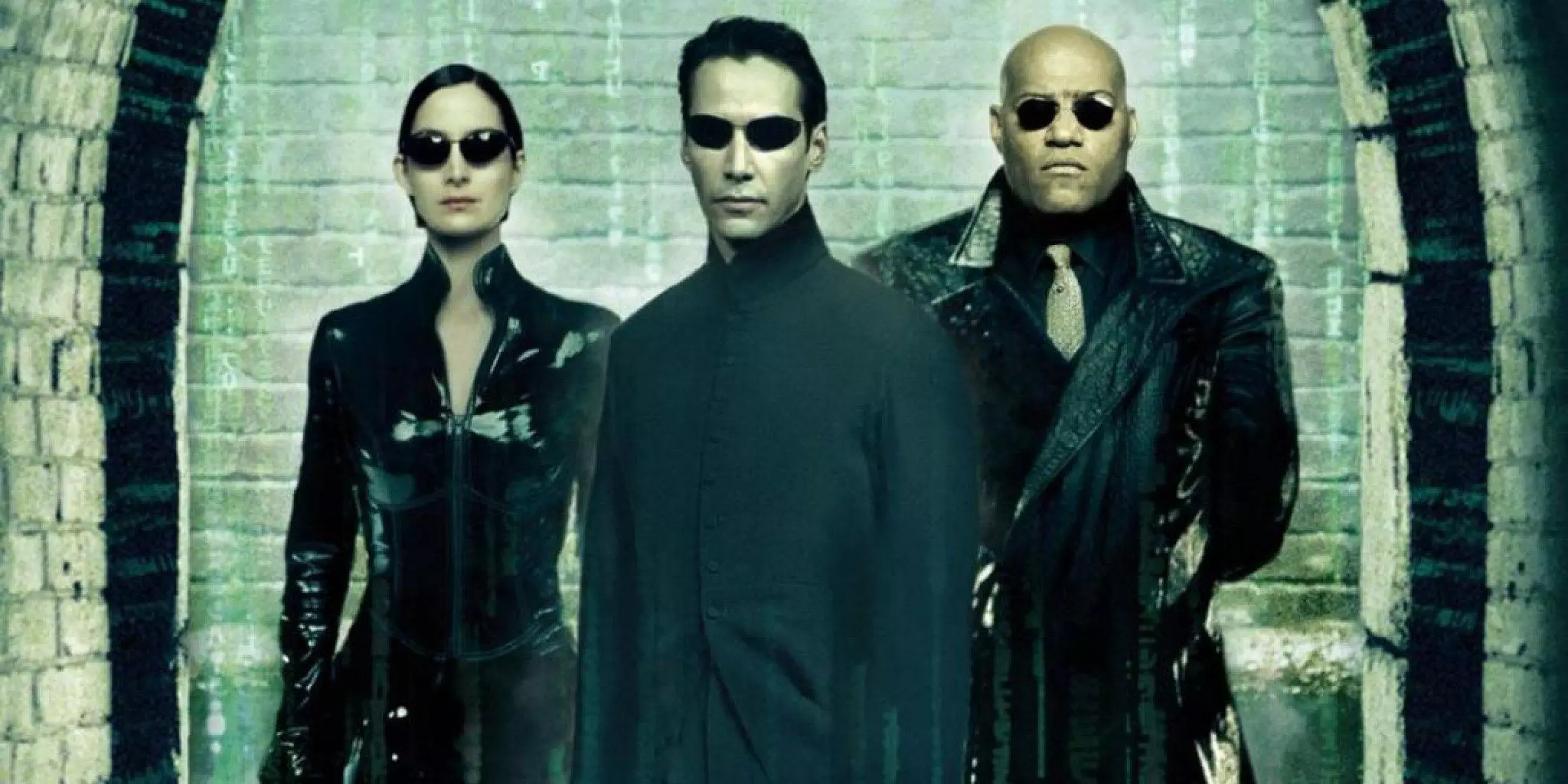 The Matrix's Trinity, Neo en Morpheus poseren voor een muur met groene cijfers op de achtergrond