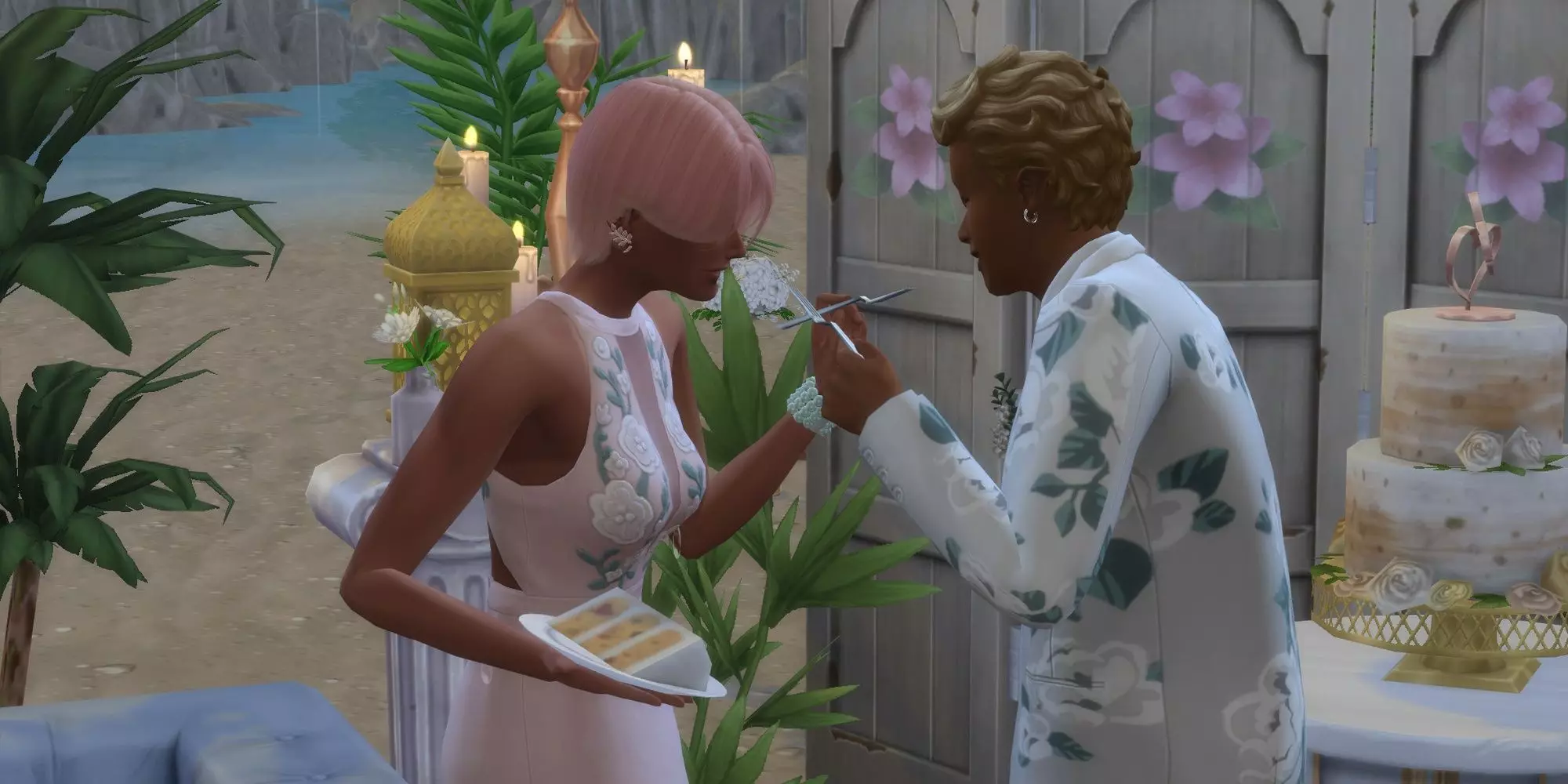 Duha ka bag-ong kasal nga nagpakaon sa usag usa nga cake sa ilang kasal sa The Sims 4: My Wedding Stories