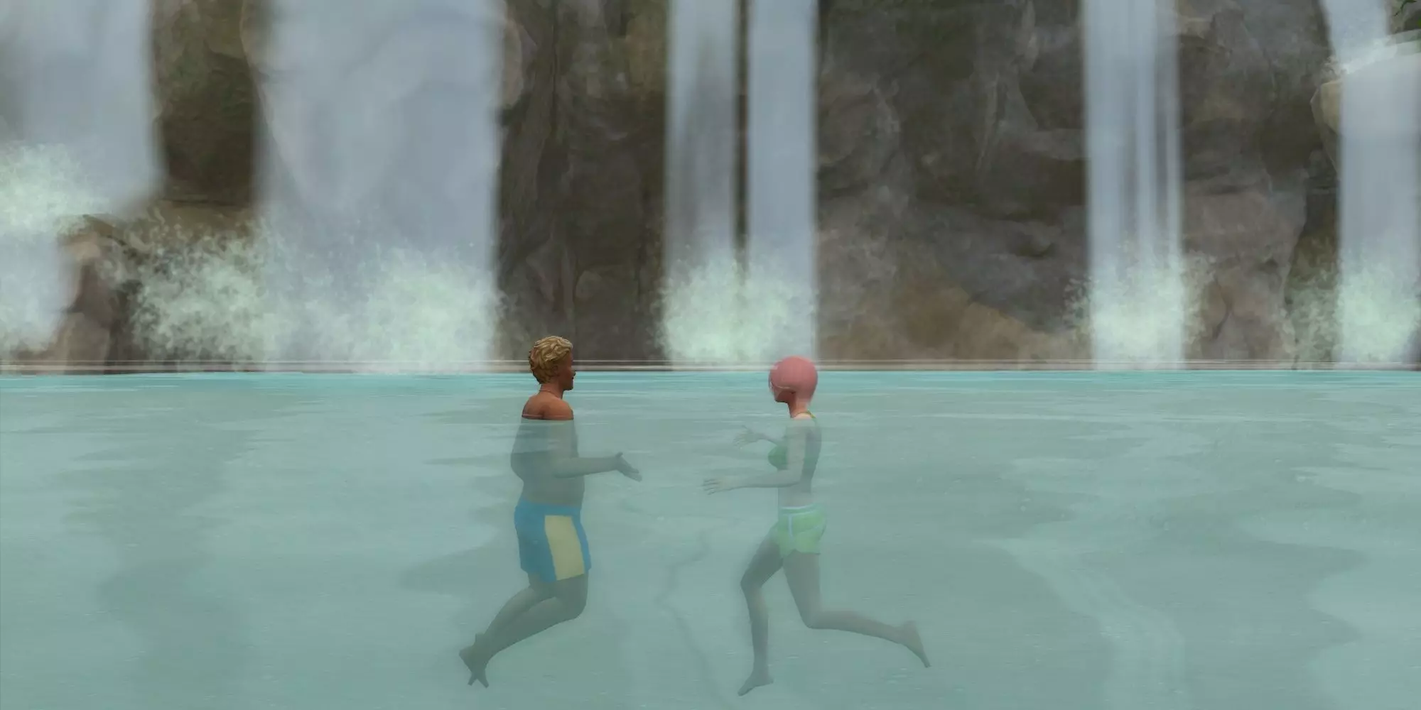 Twa sims swimme yn 'e lagune yn Tartosa, fan The Sims 4: My Wedding Stories