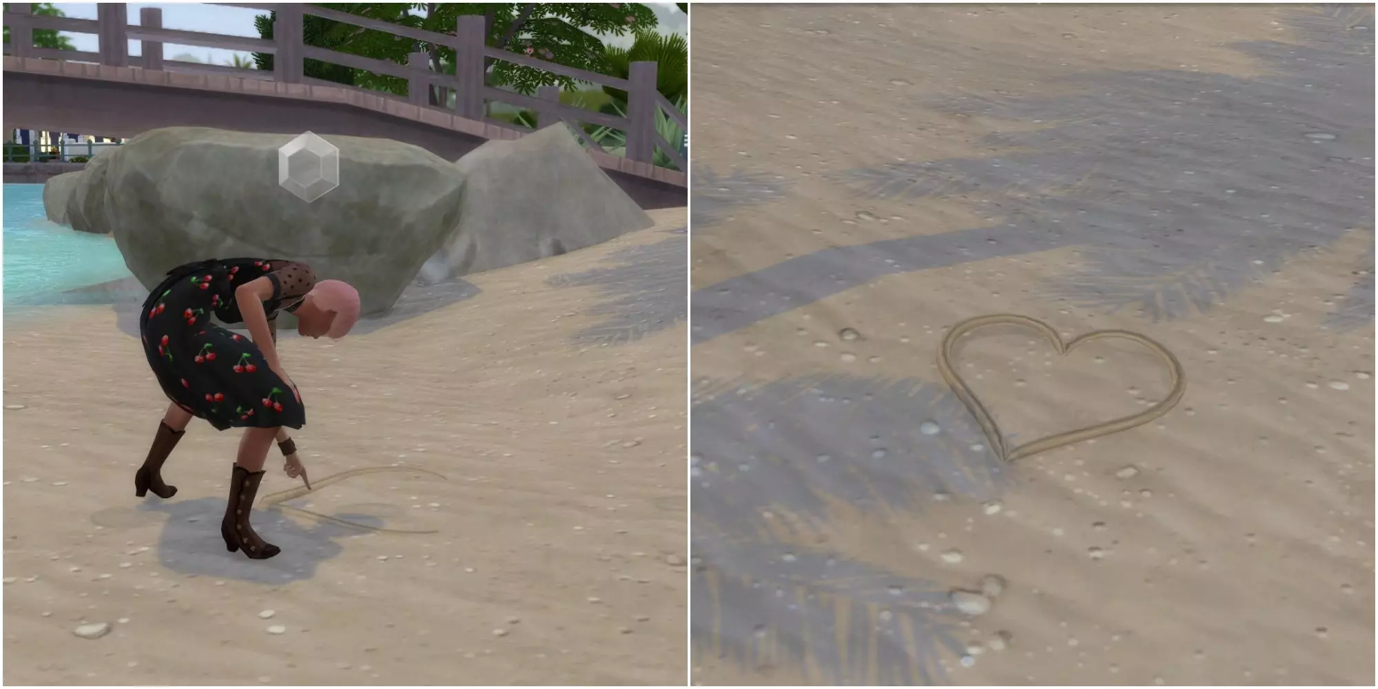 Une femme dessinant un cœur dans le sable dans Les Sims 4 : Mes histoires de mariage