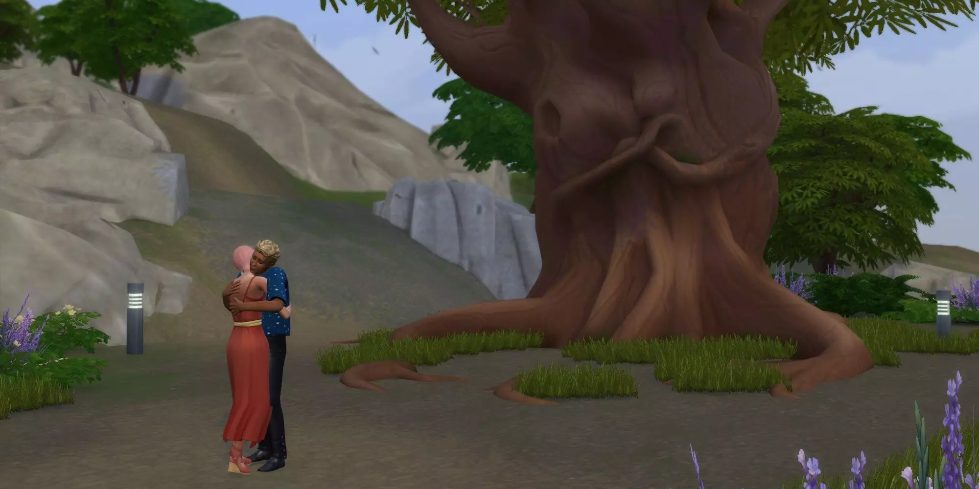 Usa ka magtiayon nga naggakos sunod sa Lovers' Tree sa The Sims 4: My Wedding Stories