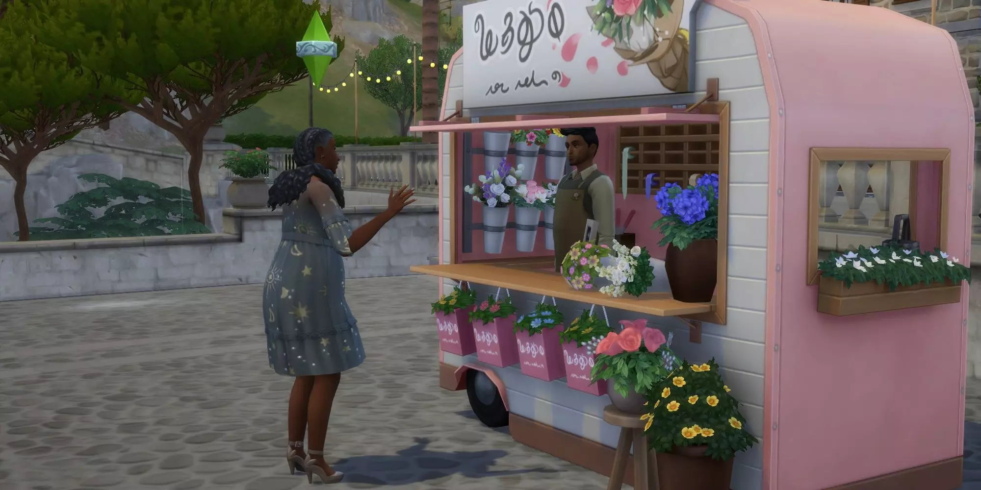 Usa ka babaye nga namalit og mga bulak sa Tartosa's flower stall sa The Sims 4: My Wedding Stories