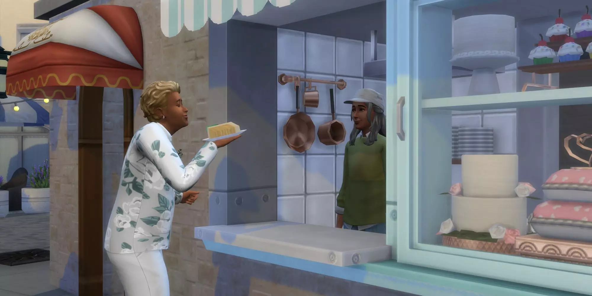 Un Sim achetant une part de gâteau au stand de Tartosa dans Les Sims 4 : Mes histoires de mariage