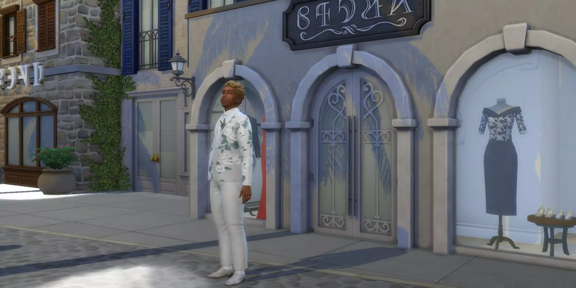 Un sim ben vestido que sae dunha boutique en Tartosa en Os Sims 4: My Wedding Stories