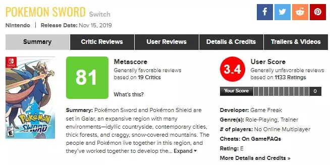 alama ya metacritic ya upanga wa pokemon