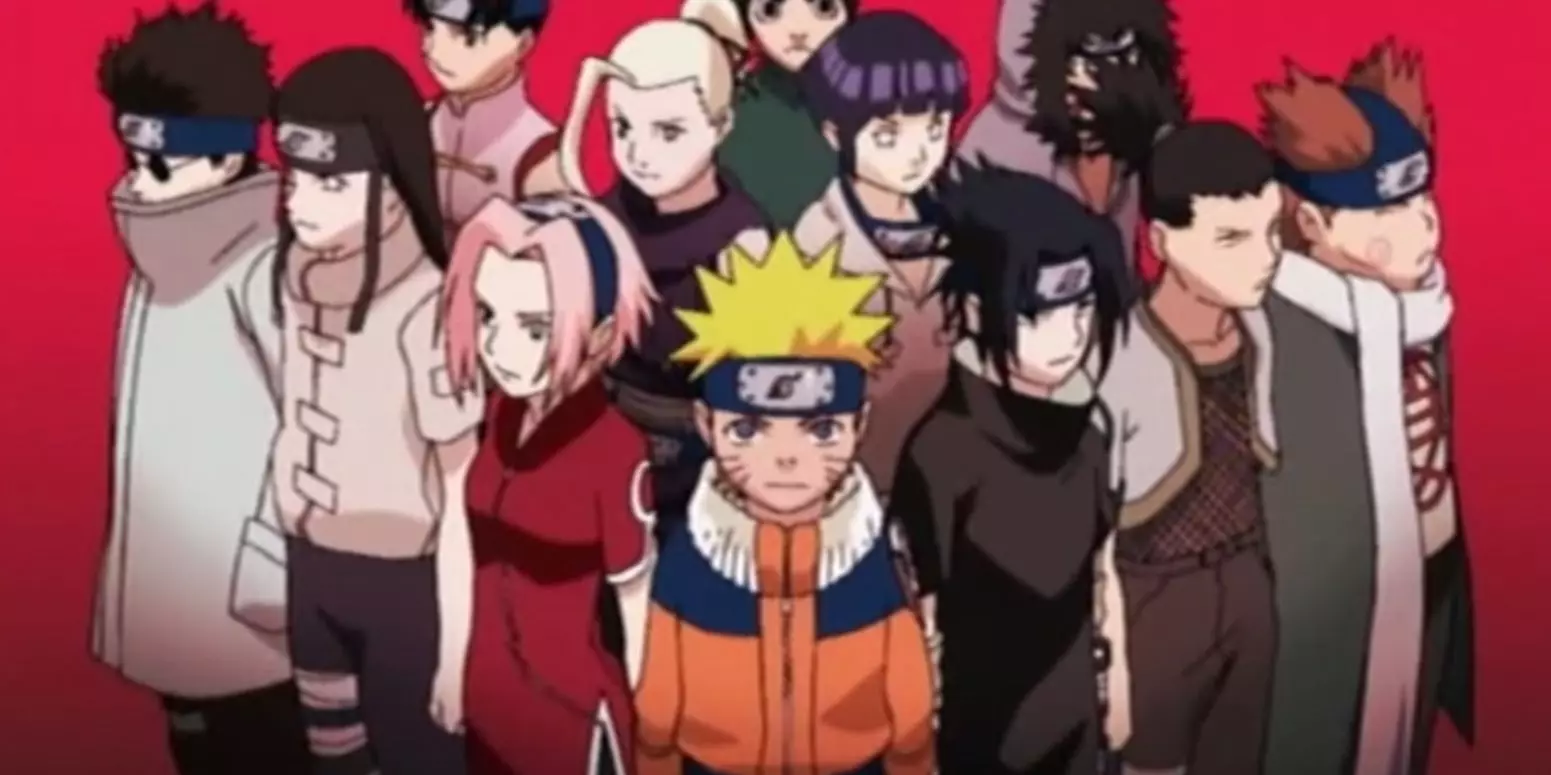 Stille raam van oorspronklike Naruto-opening 4 -GO!!!- Met al die Chunin-eksamen-ninja wat in een groot groep staan