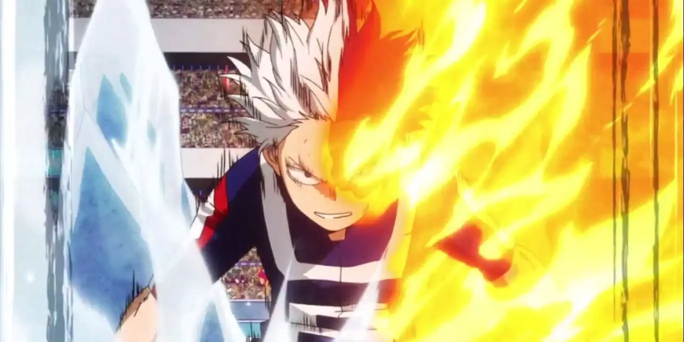 Shoto Todoroki usando chamas e gelo no festival de esportes