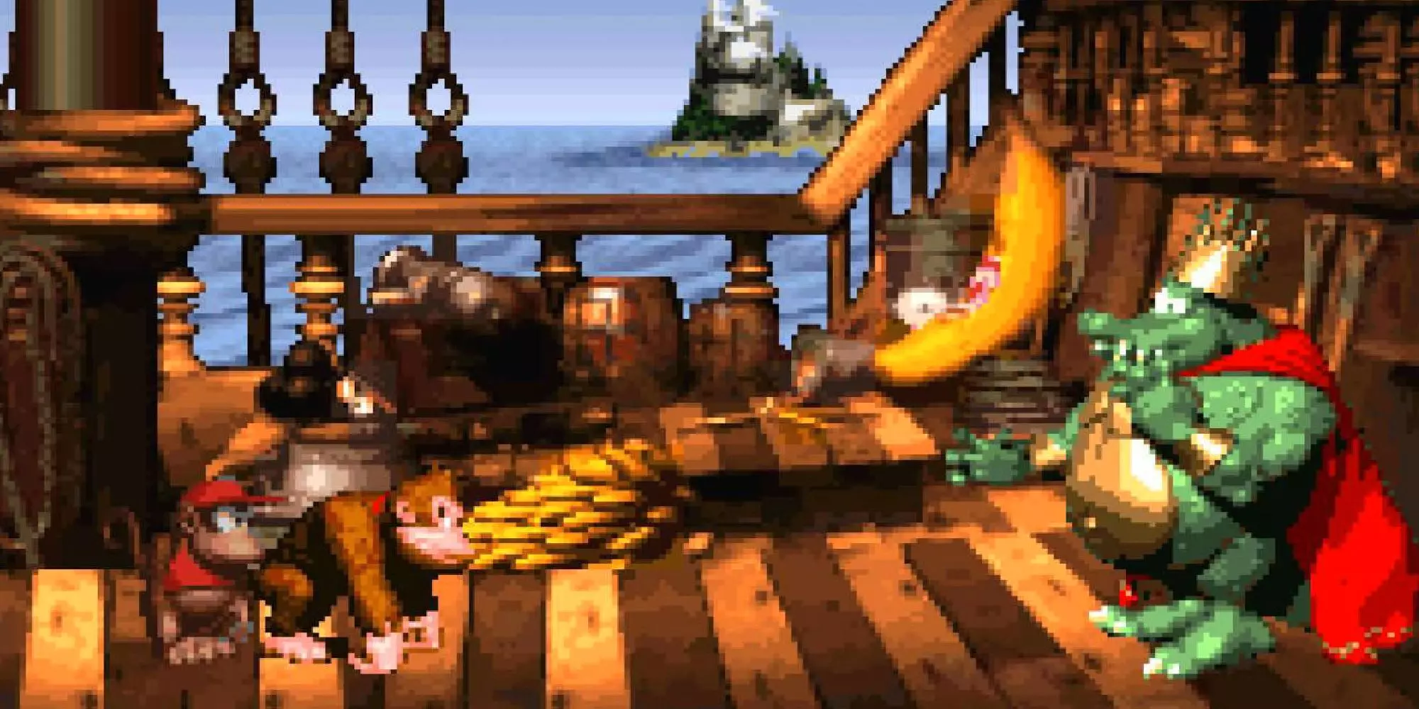 Donkey Kong และ Diddy Kong ต่อสู้กับ King K. Rool บนเรือโจรสลัดใน Donkey Kong Country