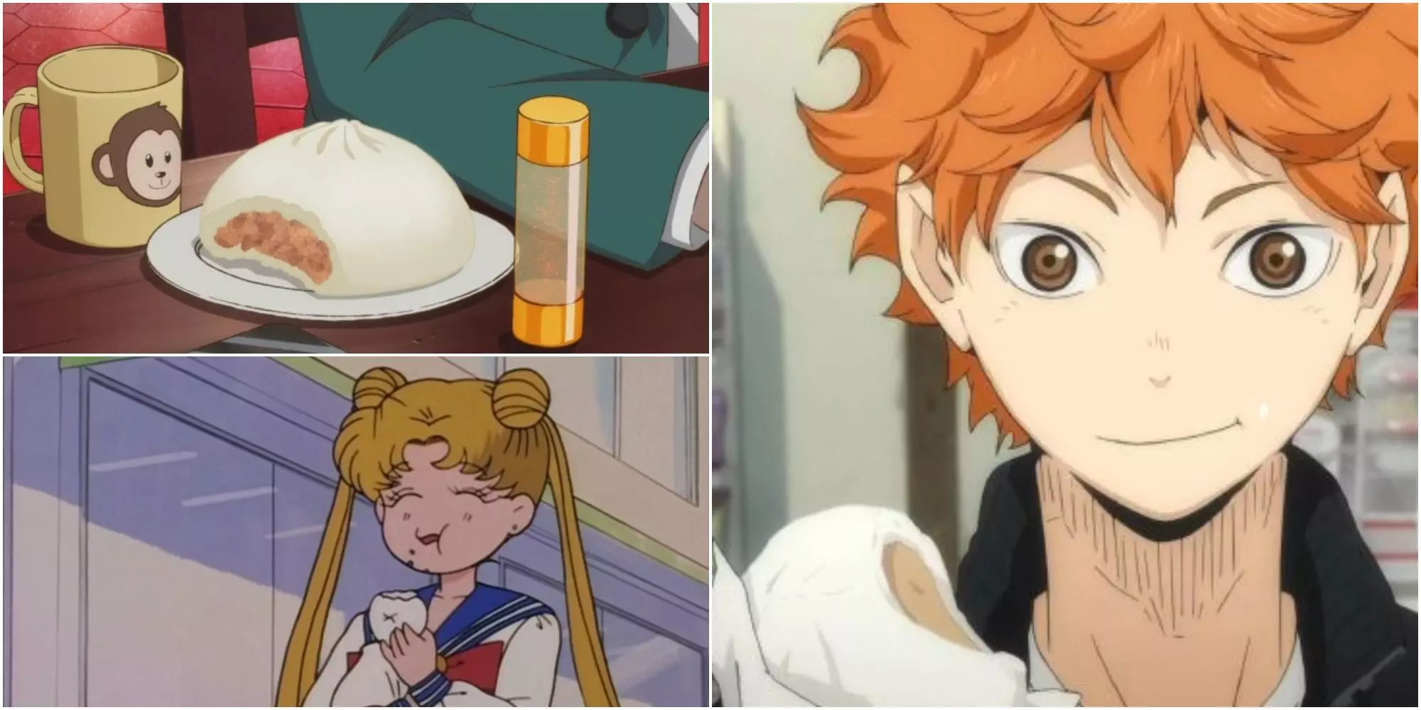 Colagem de Nikuman em anime como Haikyuu!! E Sailor Moon