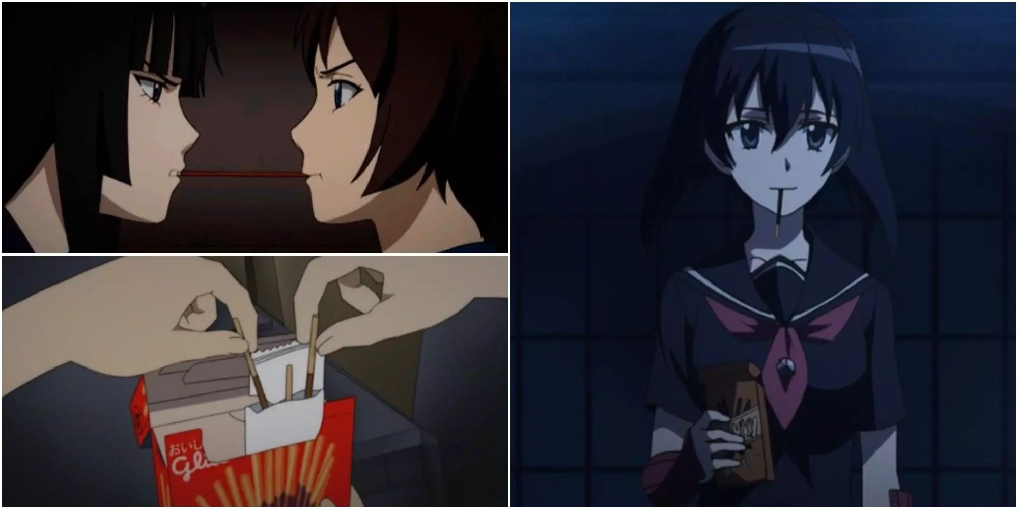 Colagem de garotas de anime de Agame La Kill e Ga Rei Zero Comendo Pocky