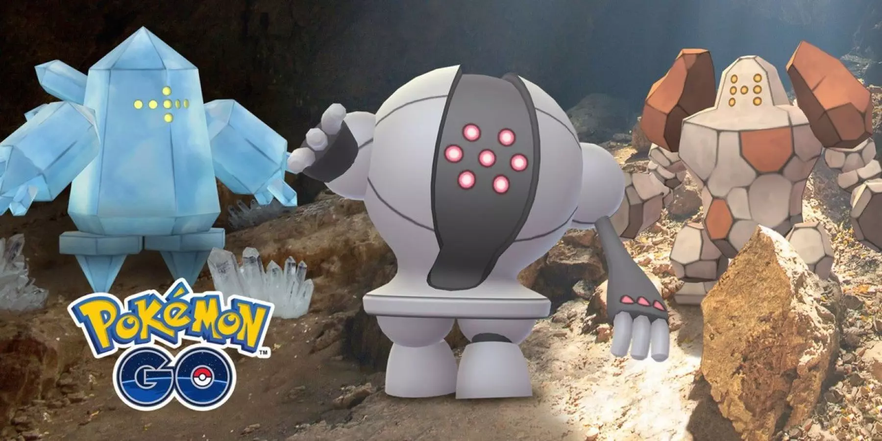 Spanduk Pokemon GO menunjukkan Regice, Registeel, dan Regirock di dalam gua