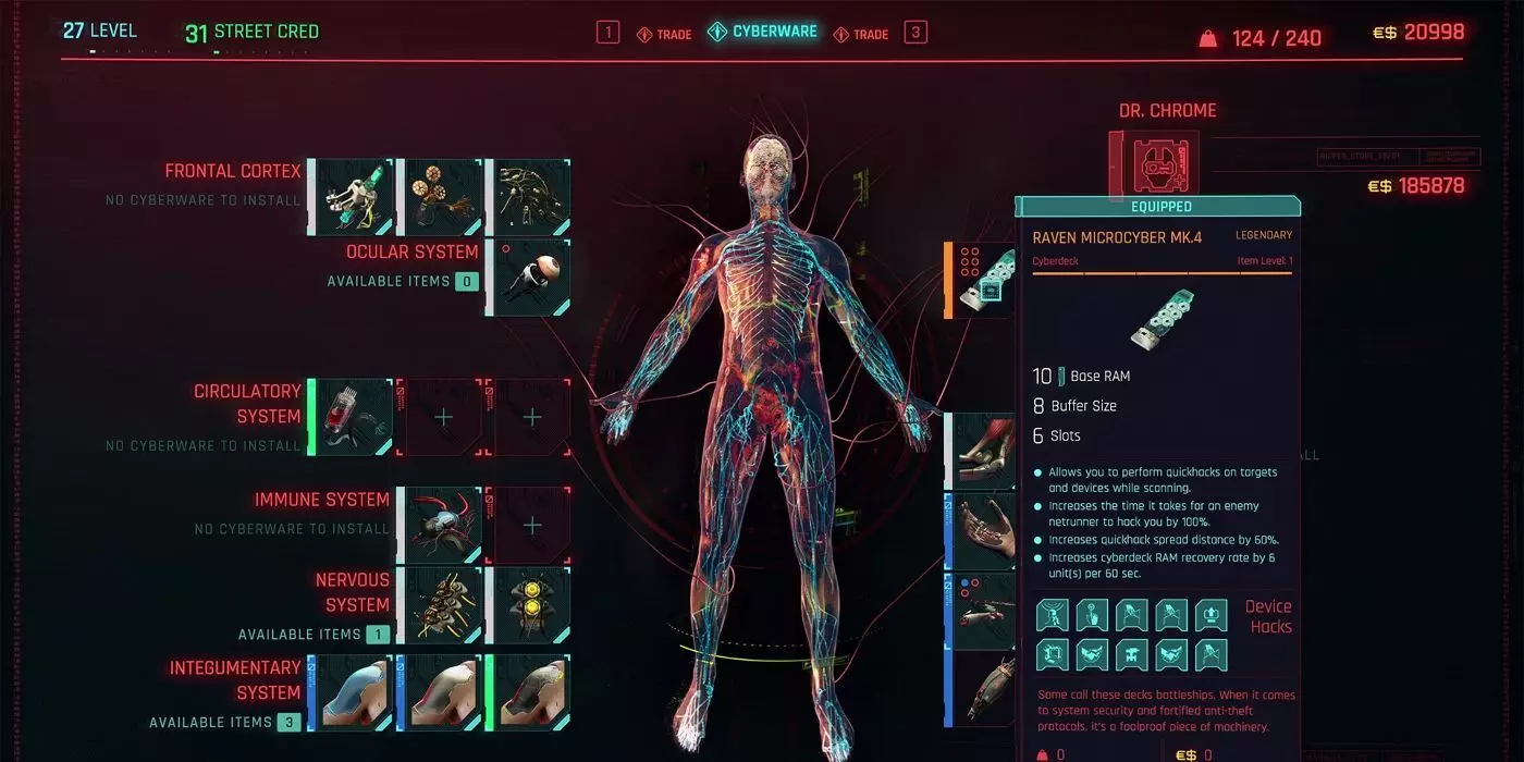 Pantalla de modificación de Cyberpunk 2077 Cyberware
