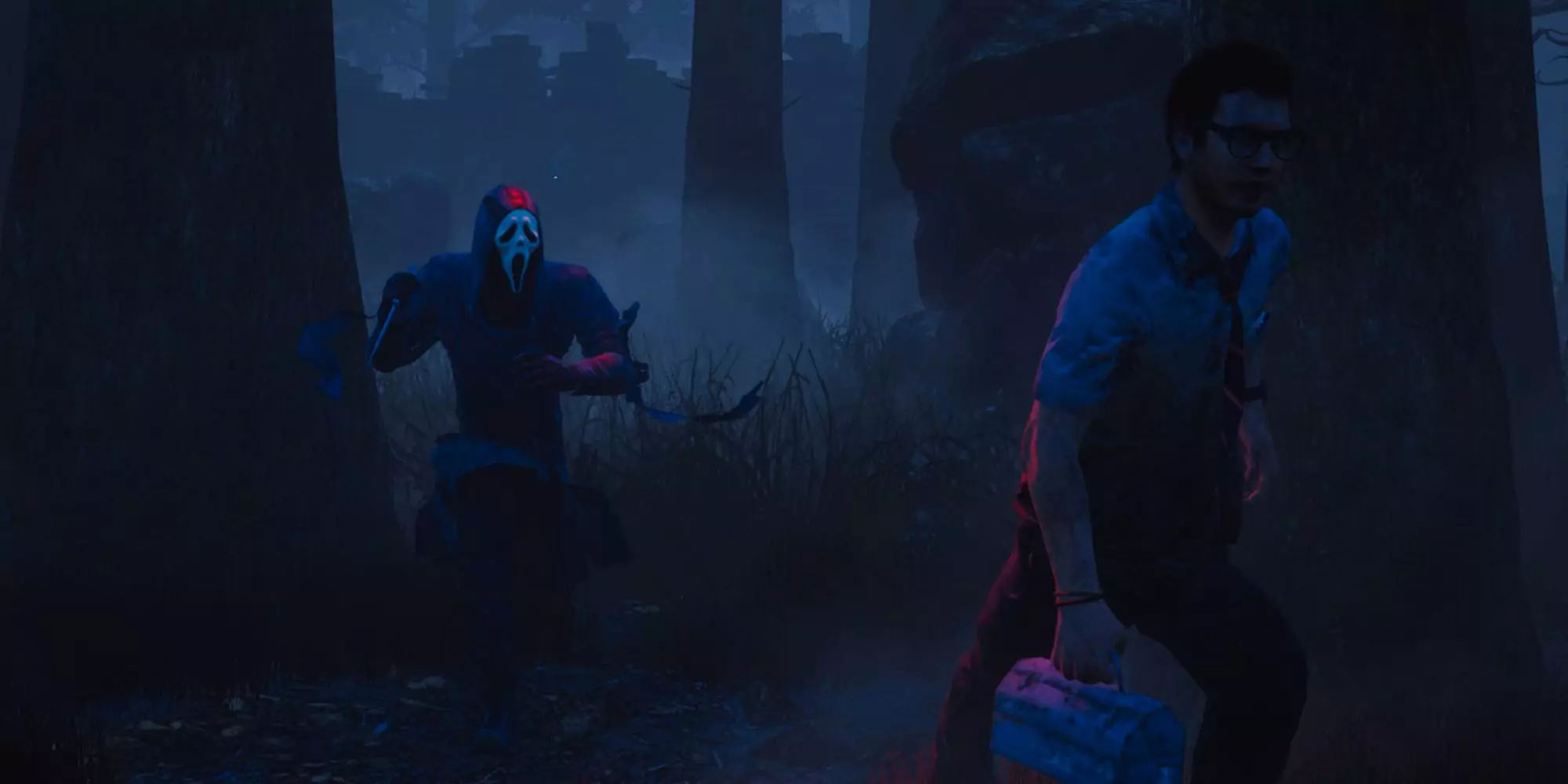 The Ghost Face mengejar mangsa yang terselamat dengan kotak peralatan dalam Dead By Daylight