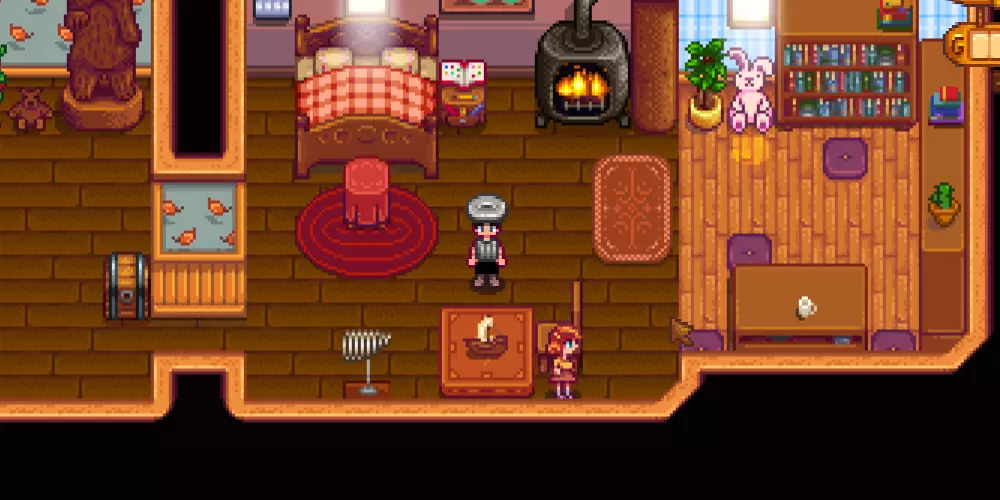 Stardew Valley-karakter met asblikhoed en hemp in die kamer