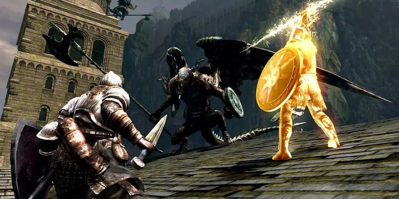 Dark Souls Remastered Gargoyle cīnās ar Knight klasi un Solaire.