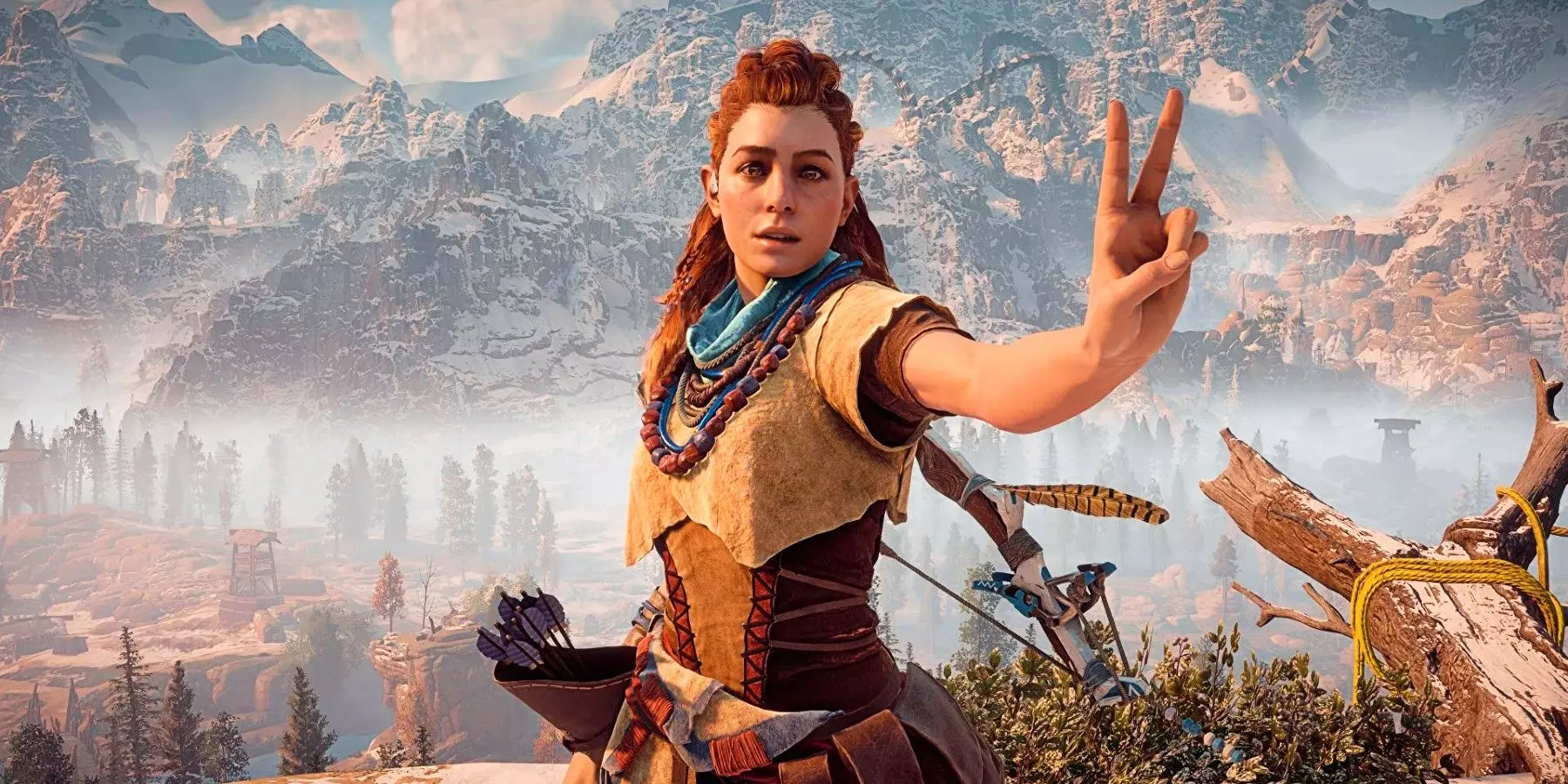 Aloy ag coinneáil comhartha síochána i Horizon Zero Dawn