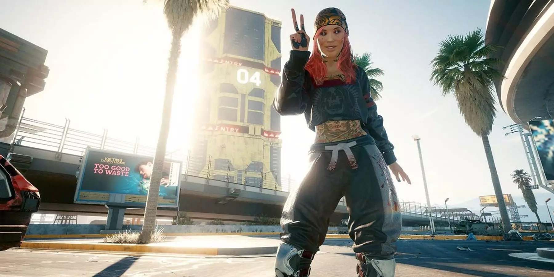 Cyberpunk 2077 karakter yang memberikan tanda perdamaian