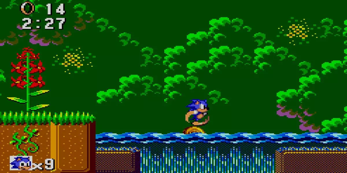 Sonic berjalan di atas air terjun di atas batang kayu