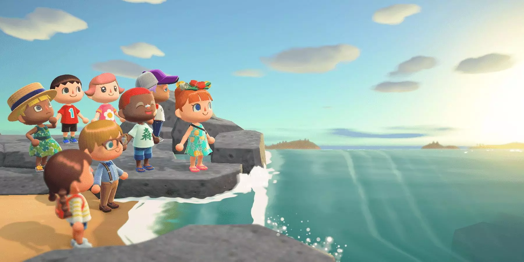 Igralci se zberejo ob oceanu na otoku ene osebe in opazujejo sončni zahod v Animal Crossing: New Horizons.