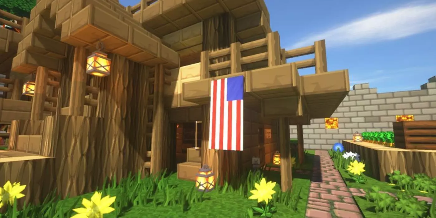 Minecraft-banner på et spillerbygget hus