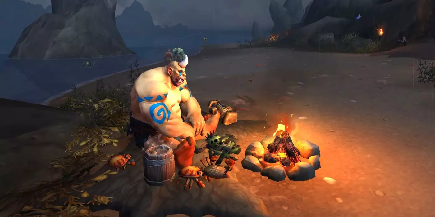 Um Blacklands Salvager fica ao lado de uma fogueira em World of Warcraft: Shadowlands.