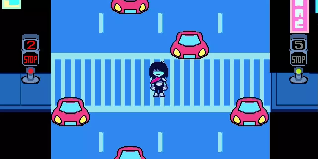 Kris akitembea kwenye trafiki huko Deltarune