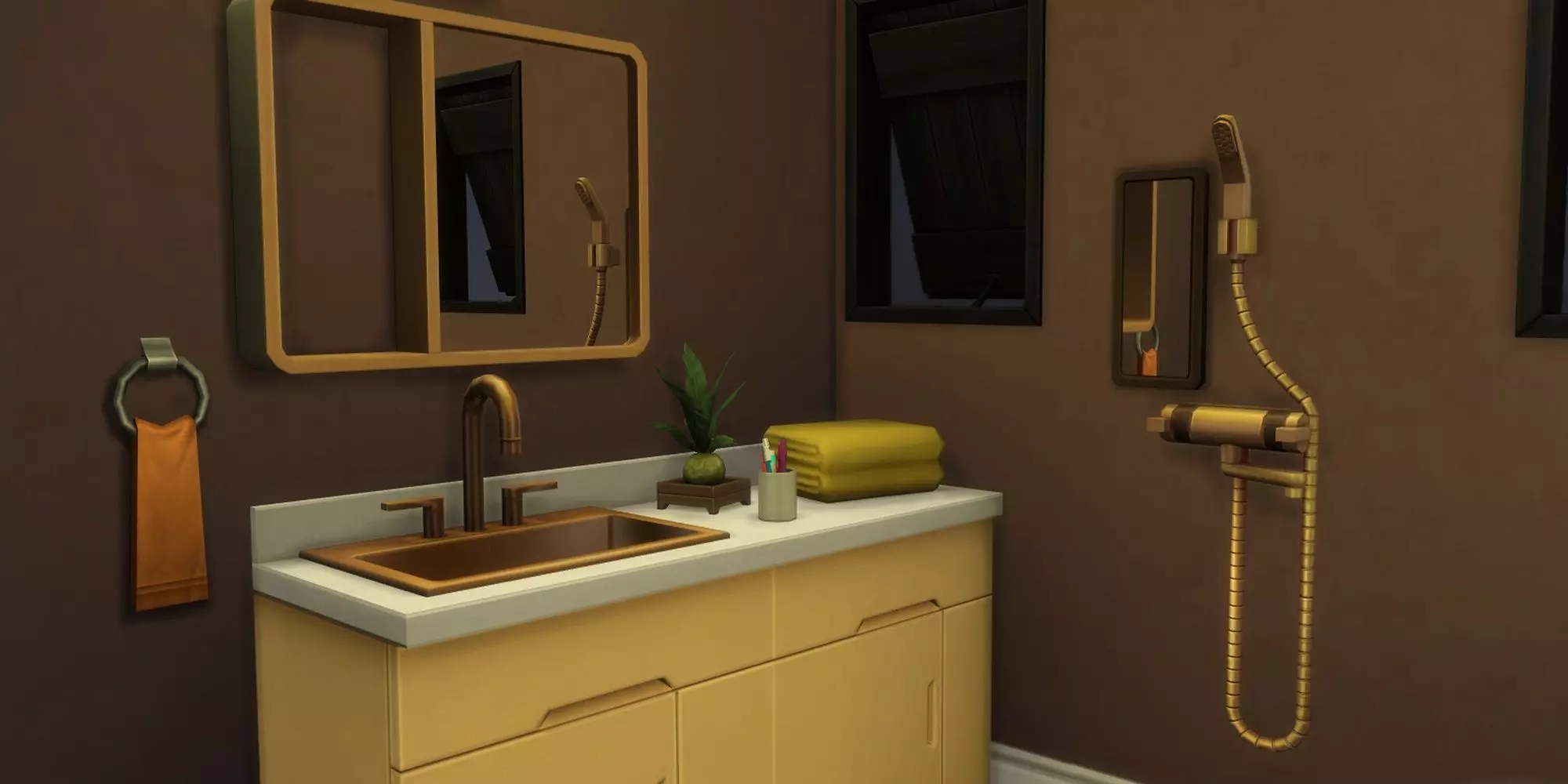 'n Eenvoudige koperstort uit The Sims 4: Snowy Escape-styl in 'n badkamer van aardse kleure.