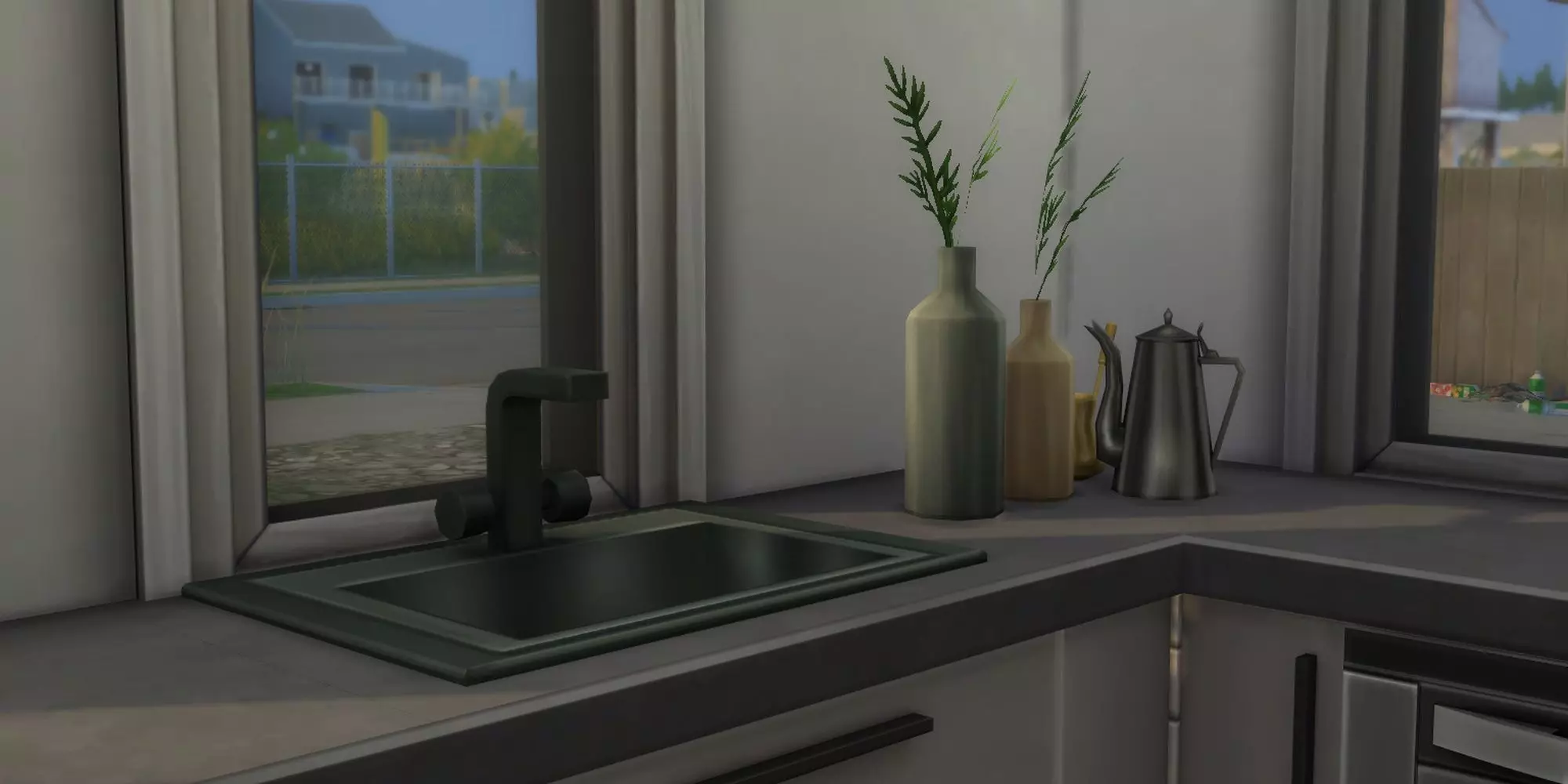 ขวดสองสามขวดถือกิ่งสนเล็กๆ ข้างอ่างล้างจานใน The Sims 4