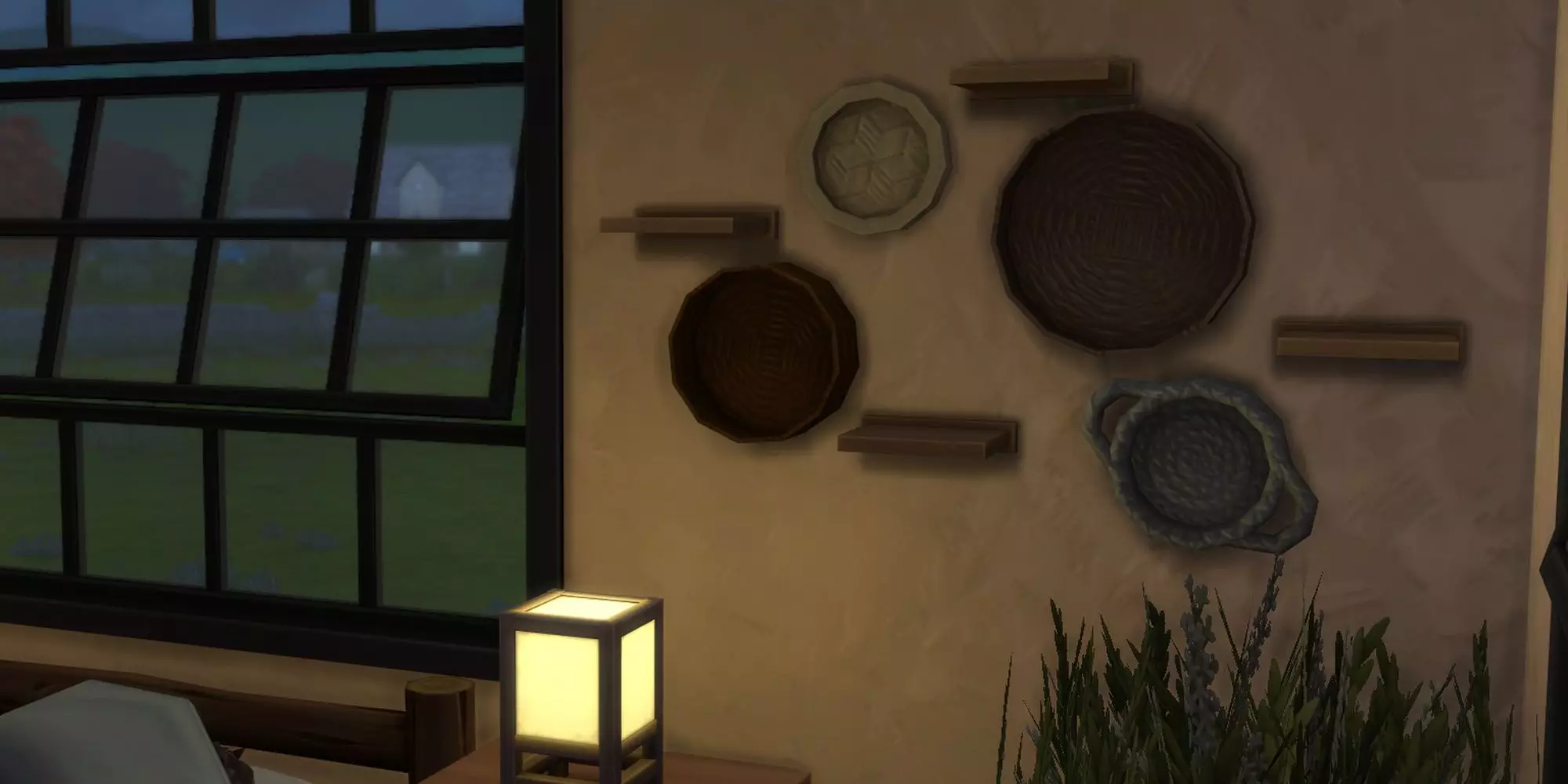 Opat karanjang wicker warna tan, coklat sareng kulawu dipasang dina témbok sareng rak dina The Sims 4.