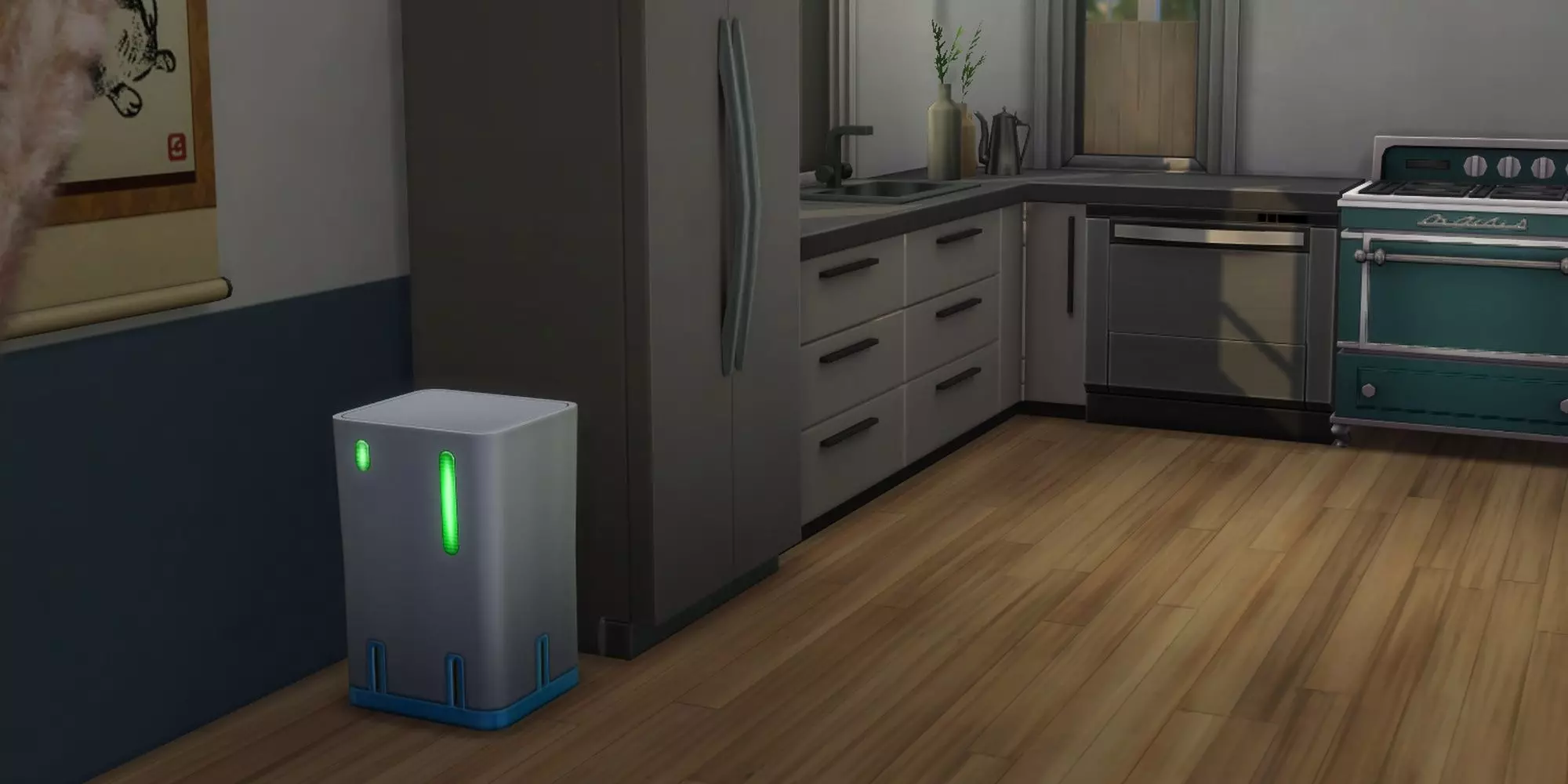 Mala kanta za smeće futurističkog izgleda stilizovana u tirkiznu i sivu kuhinju u The Sims 4.