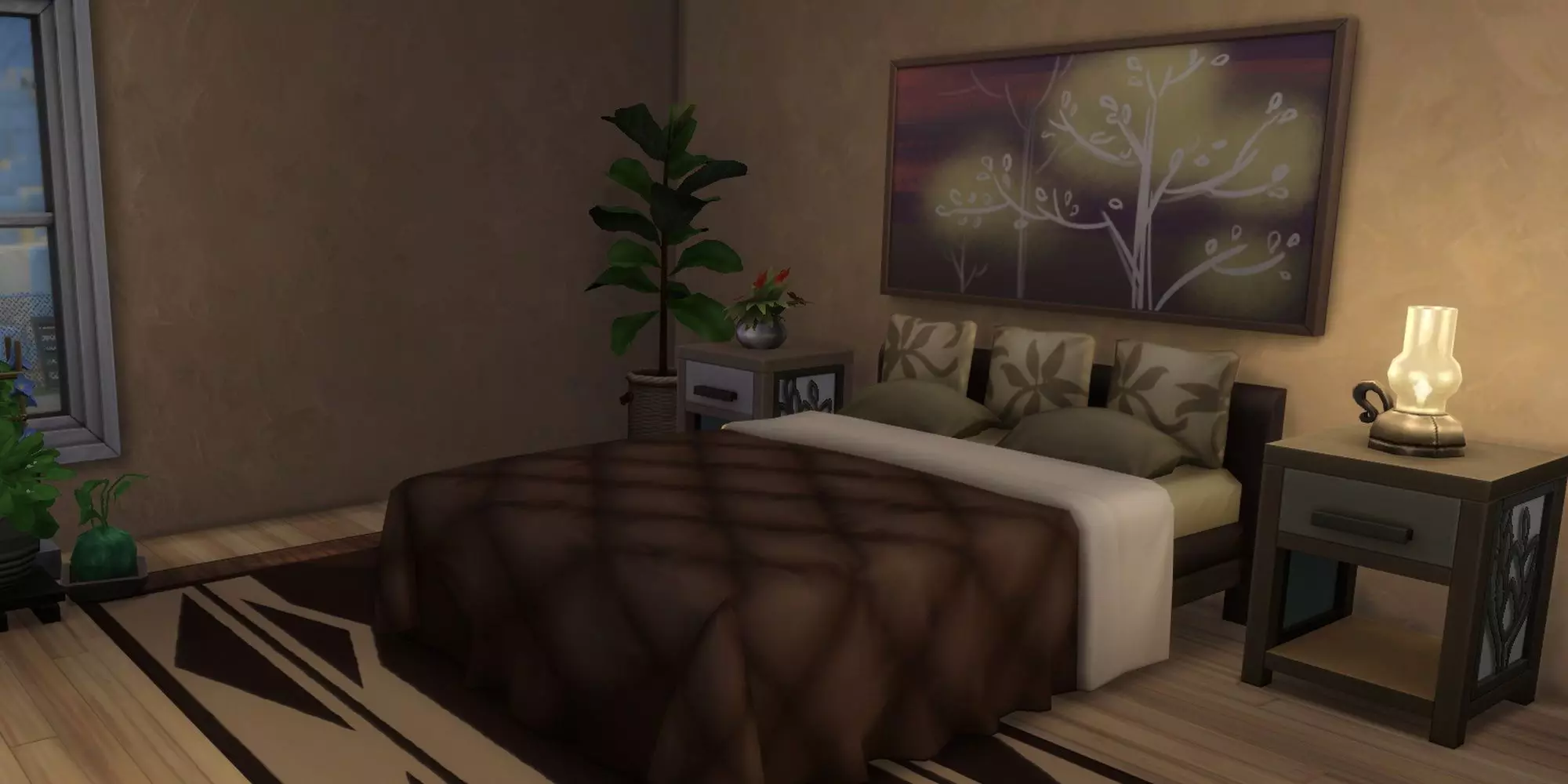 'n Sagte, donsige bed met 'n bruin kwilt en gooi kussings in 'n Sims 4-slaapkamer.