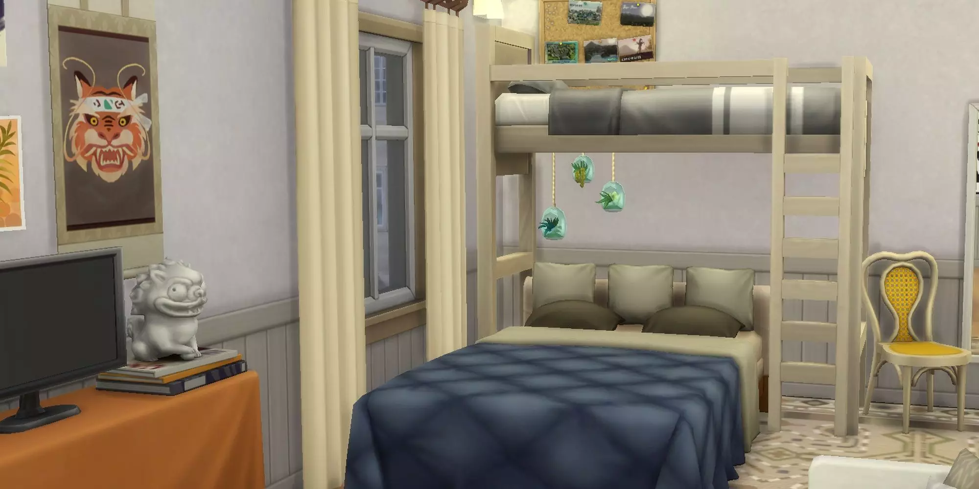 เตียงยกสูงวางอยู่เหนือเตียงผ้านวมขนาดใหญ่ในหอพัก Sims 4