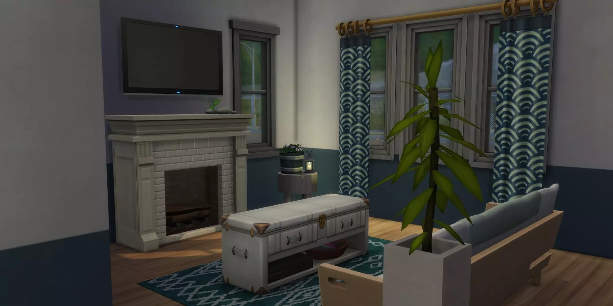 Ruang tamu di The Sims 4 digayakeun dina kayu teal, bodas, sareng lampu kalayan karpét pola.