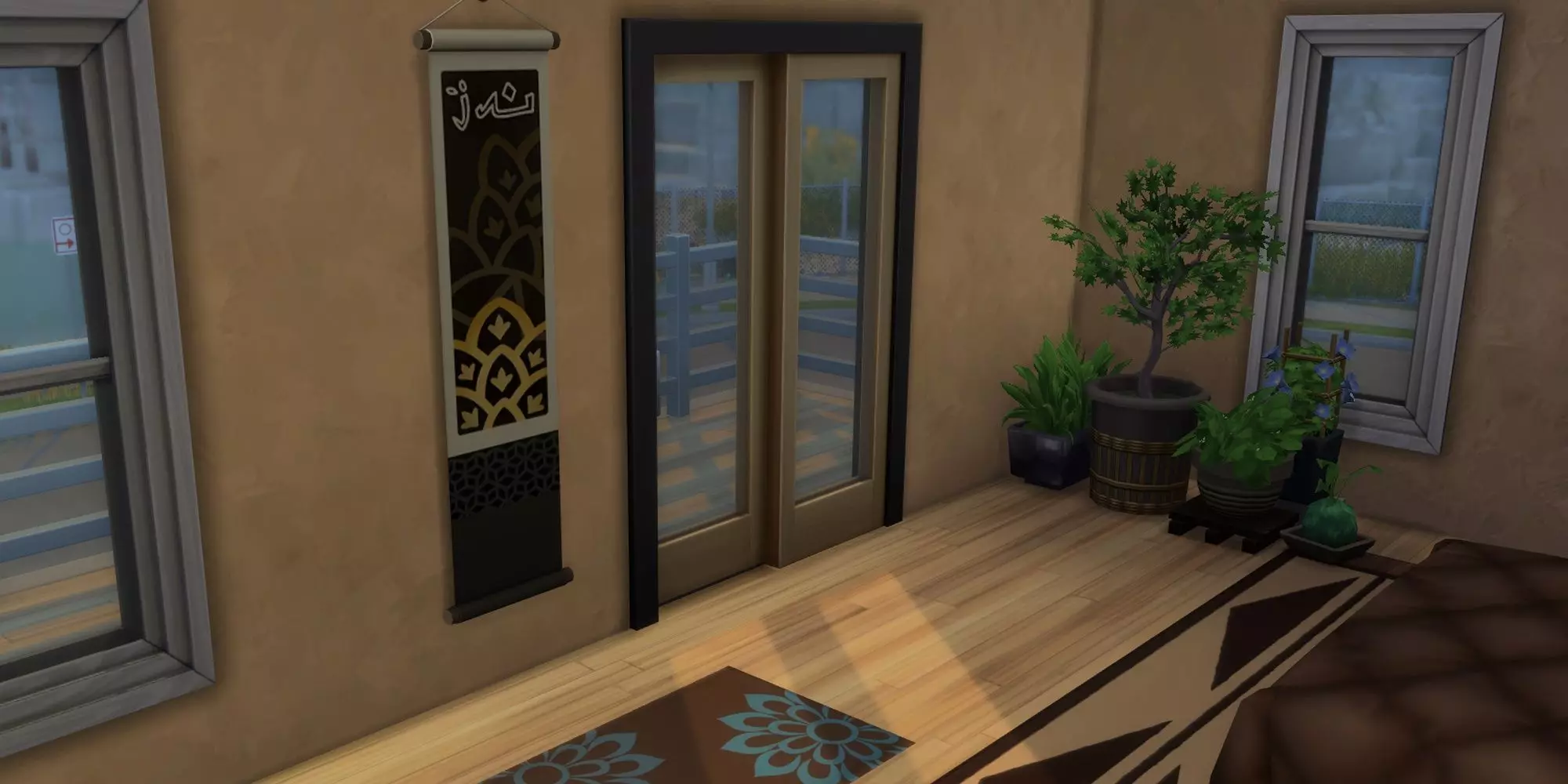 Spanduk témbok lotus coklat sareng emas dina témbok pangkeng di The Sims 4.