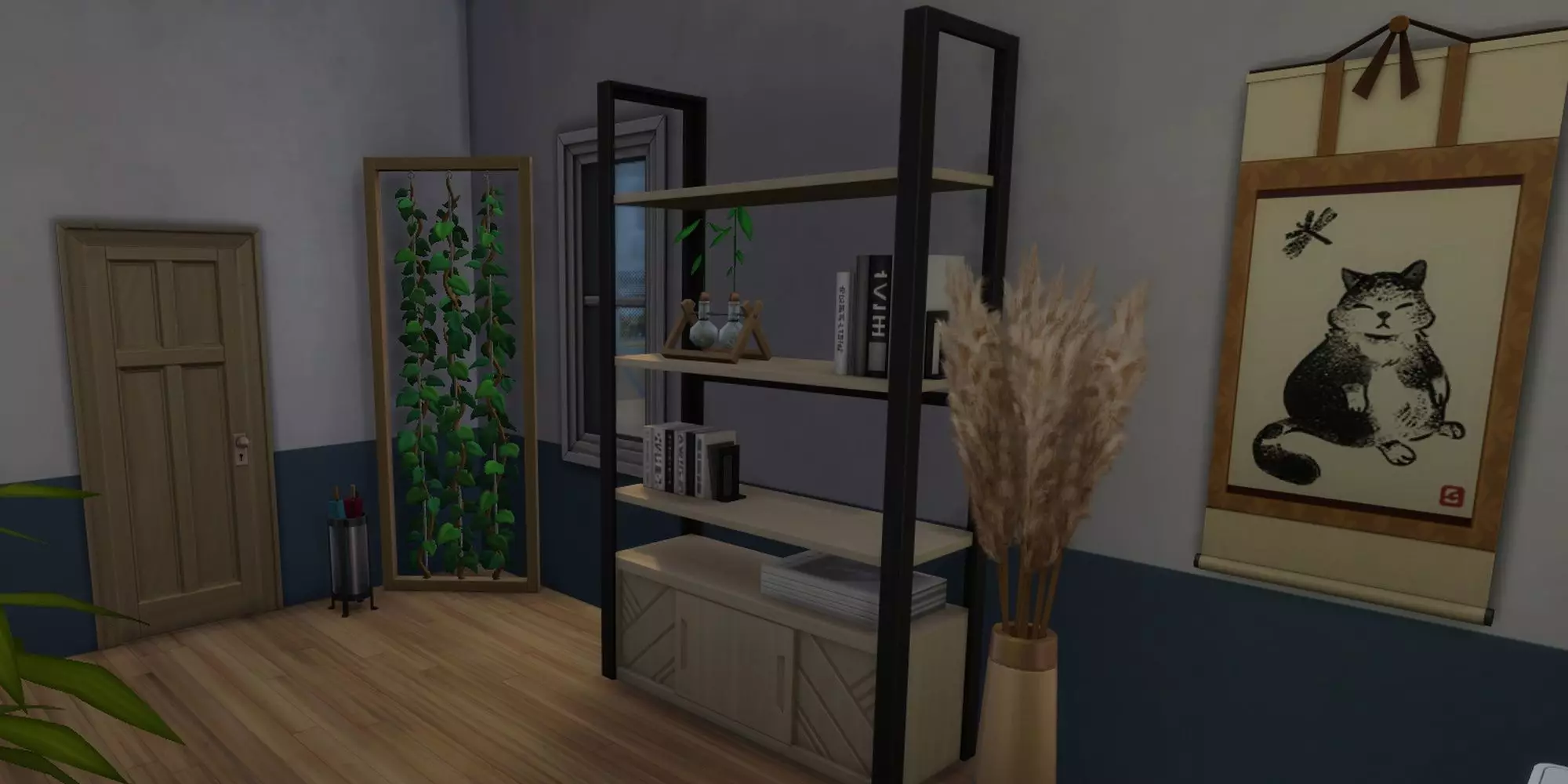 ’n Sims 4-boekrak gemaak van ligte hout wat in donker metaal geraam is, met boeke en klein plantjies.