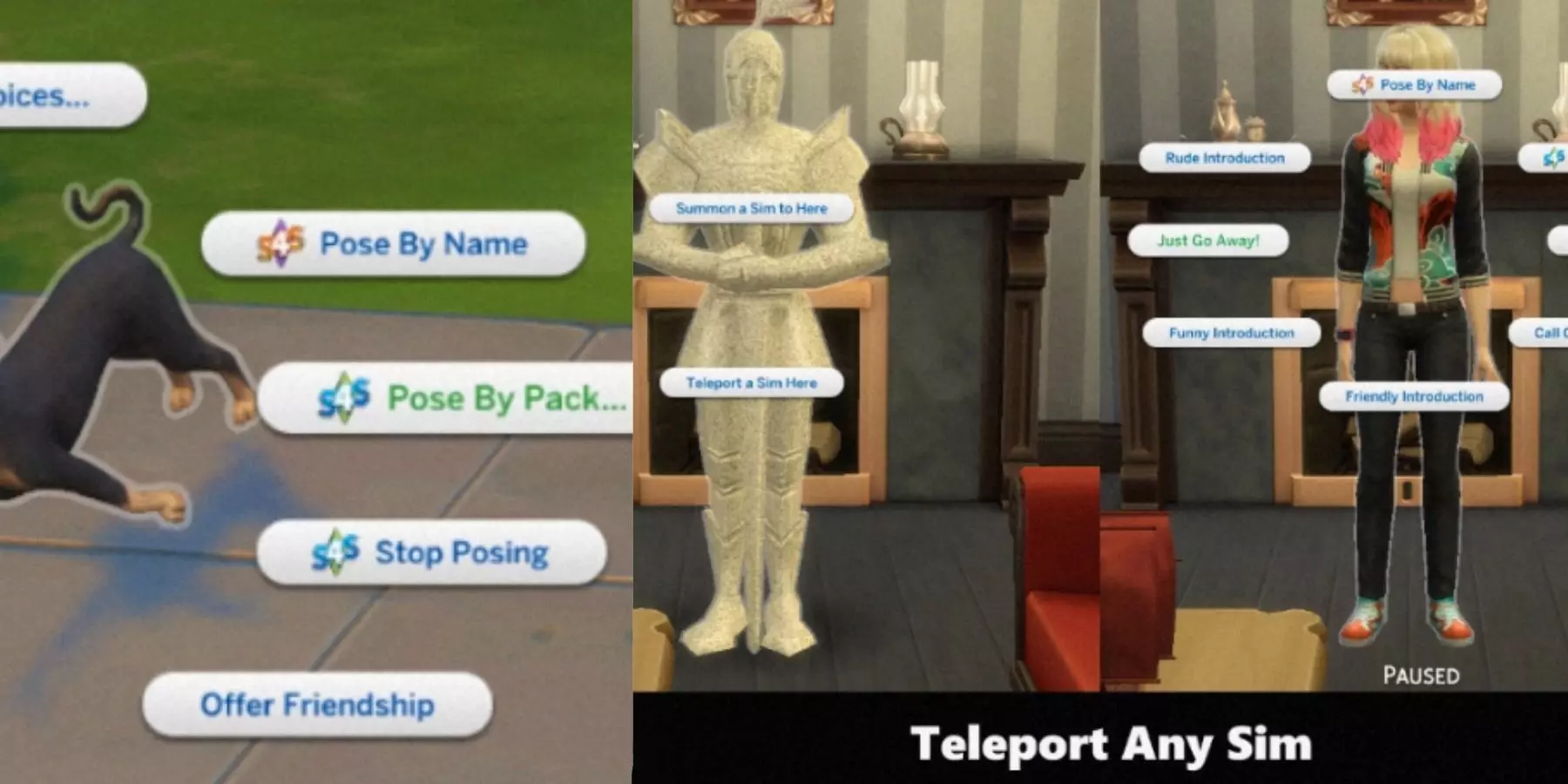 το pose player mod και το teleport any sim mod