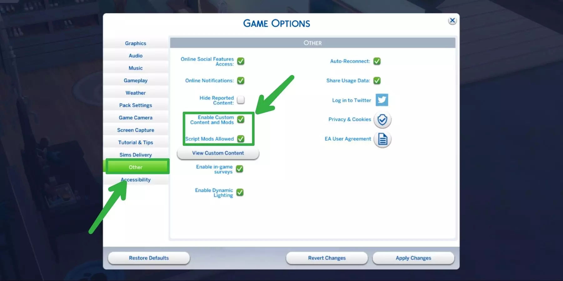 كيفية تمكين cc والسماح بتعديلات البرنامج النصي في خيار Sims 4's