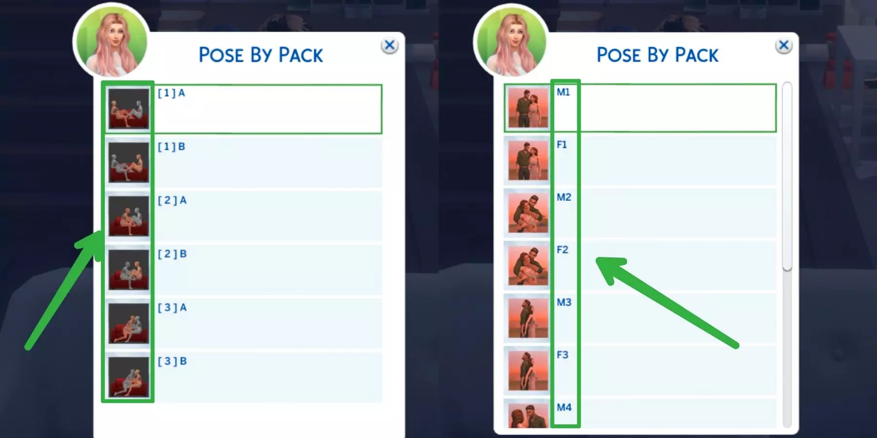 zwou Lëschte vu verfügbare Posen an all Pak an de Sims 4