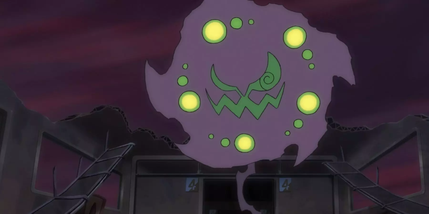 Spiritomb se eleva sobre un edificio en ruinas en el anime Pokemon Journeys