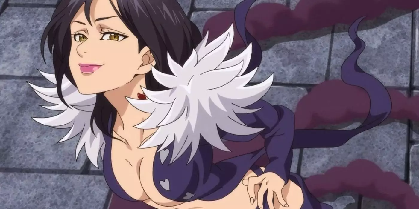 Merlín de Seven Deadly Sins, unha muller de anime con cabelo negro e roupa morada que sonríe