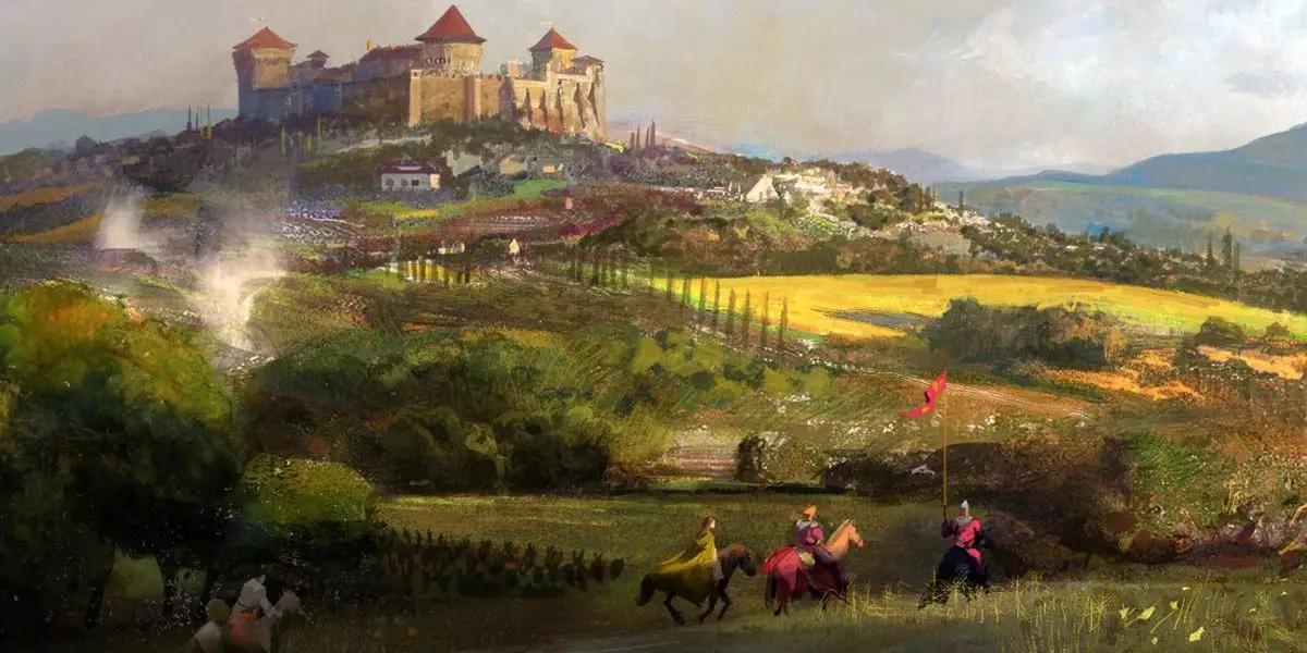 pintura dun campo e dun castelo.