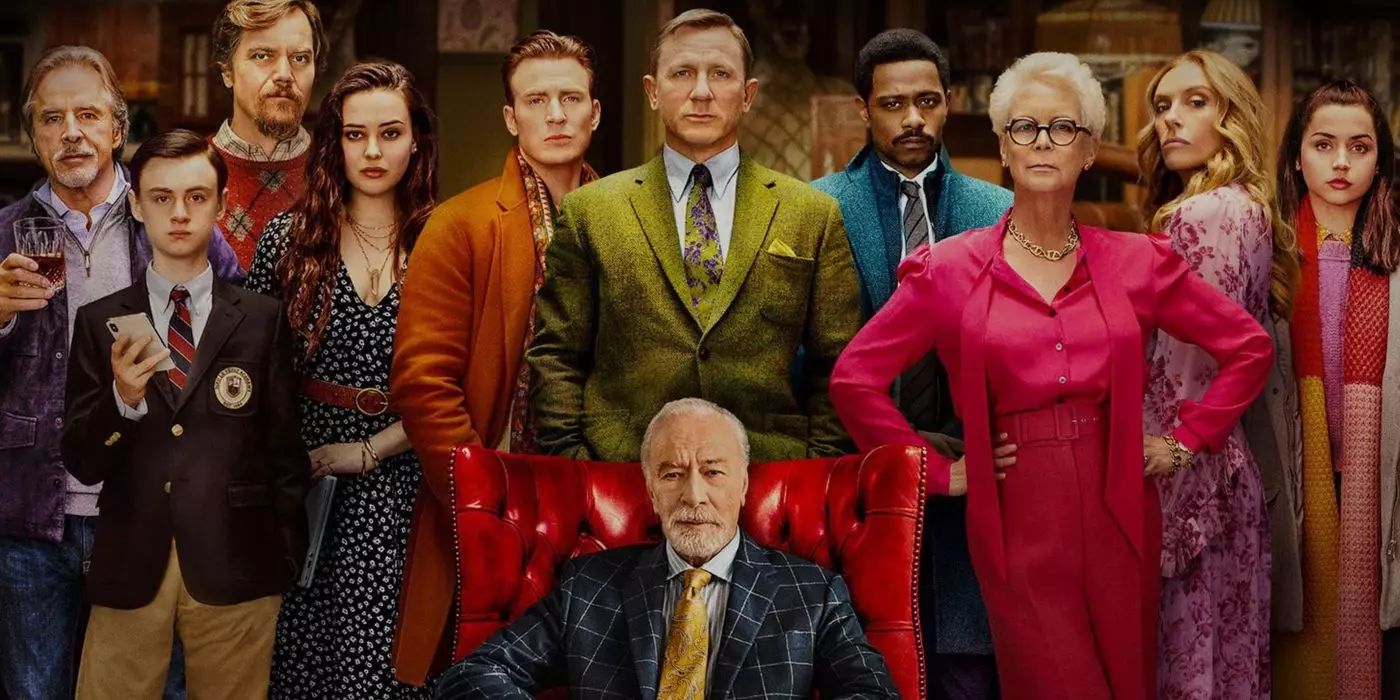 El repartiment del conjunt de Knives Out, que inclou (d'esquerra a dreta) Don Johnson, Jaeden Martell, Michael Shannon, Katherine Langford, Chris Evans, Daniel Craig (centre superior) i Christopher Plummer (centre inferior), Lakeith Stanfield, Jamie Lee Curtis, Toni Collette, i Ana de Armas