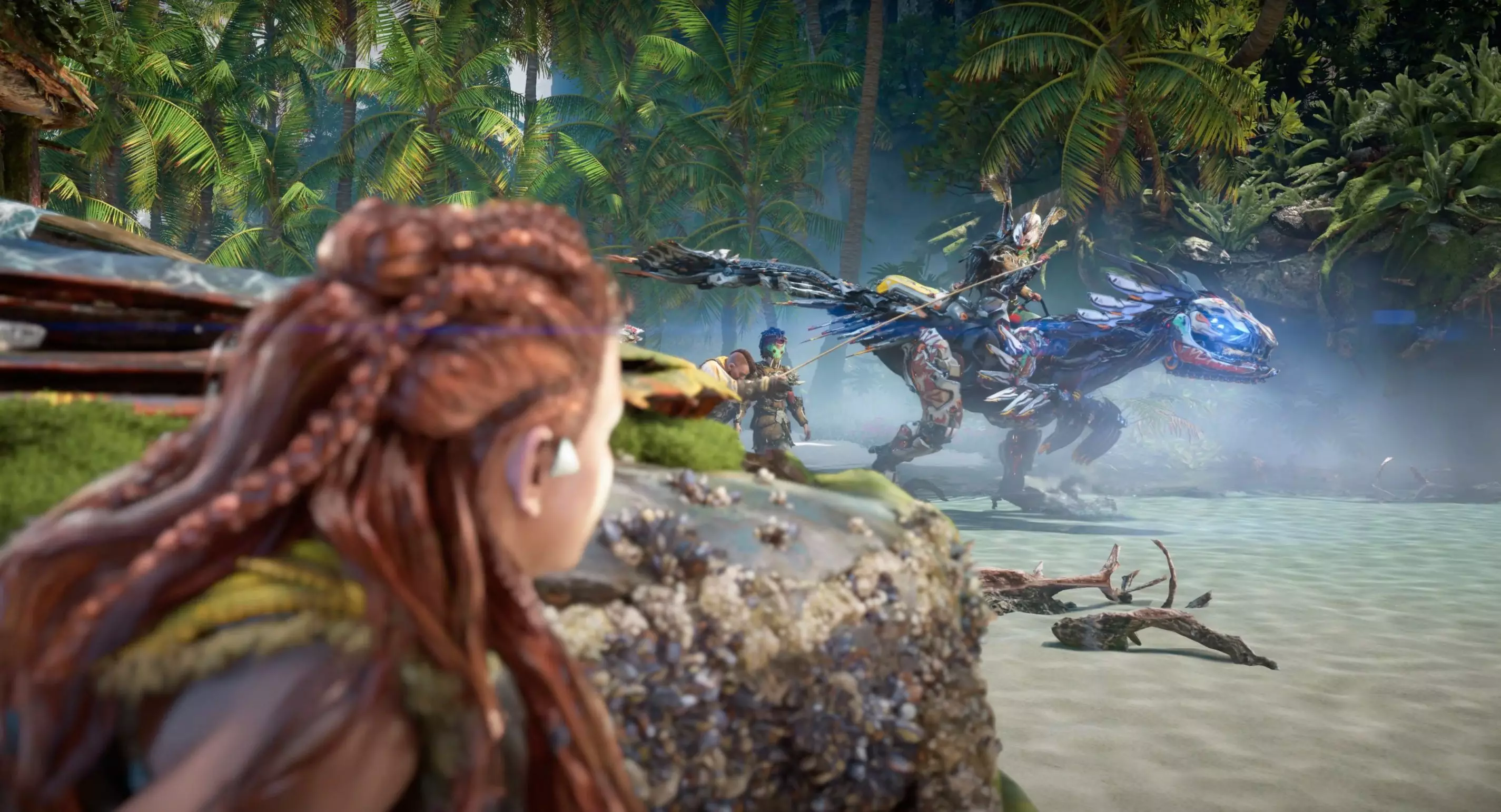 Aloy mengintai faksi musuh di Horizon Forbidden West